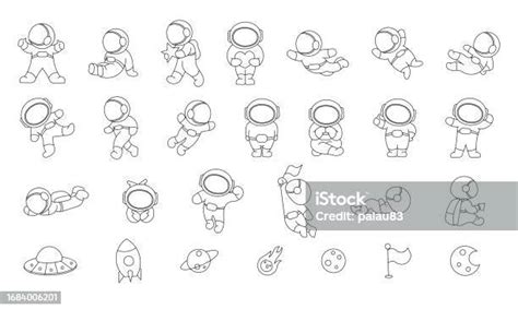 우주복을 입은 귀여운 우주비행사 색칠 공부 페이지 만화 우주 비행사 캐릭터입니다 과학 기술 벡터 그리기 디자인 요소 모음입니다 컬러링 북 페이지 일러스트레이션 기법에 대한