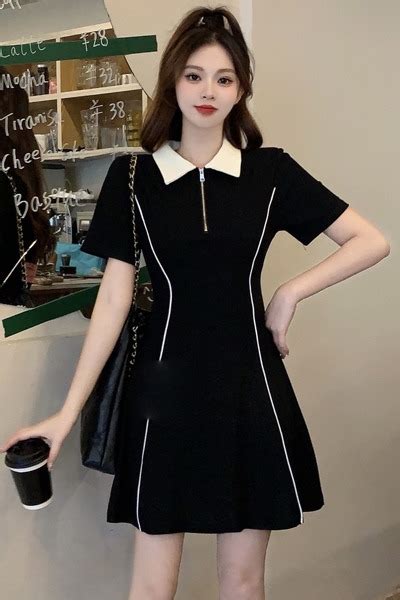 겟야플러스 Pt283 빅사이즈 배색 라인 반지퍼 카라 미니 원피스