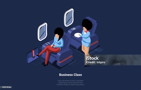 쓰기와 비즈니스 클래스 개념 벡터 일러스트레이션 두 문자와 만화 3d 스타일의 등극 구성 비행 중 비행기 안에 있는 사람들 여성