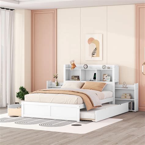Euroco Full Size Platform Bed With Shelves Drawers Trundle Usb