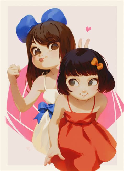 Safebooru 2girls O Alkemanubis Bangs Black Hair Blue Bow Bow Brown