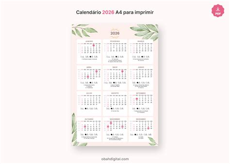 Calendário 2026 Para Imprimir A4 Obah Digital
