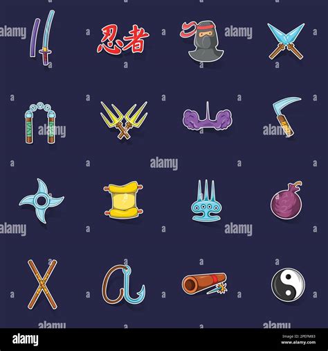 Ninja Icons Set Stikers Collection Vector With Shadow On Purple Background Stock Vector Image