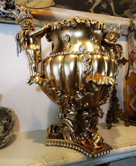 Shabby French Ornate Cherub Vase Rhinestone Jeweled Gold Loving Cup