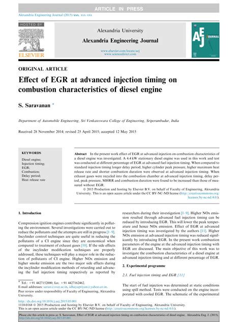 Pdf Effect Of Egr At Advanced Injection Timing On Combustion Characteristics Of Diesel Engine