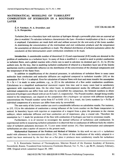 Pdf Mathematical Modeling Of Turbulent Combustion Of Hydrogen In A Boundary Layer