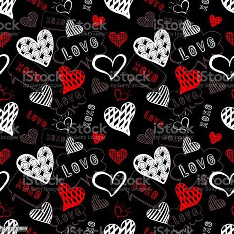 벡터 원활한 패턴 손으로 그린 낙서 하트 사랑 일러스트 레이션 배경 템플릿 검은 배경에 흰색과 빨간색 낙서 라인 어두운 다채로운 배경 펑크 사람의 역할에 대한 스톡 벡터