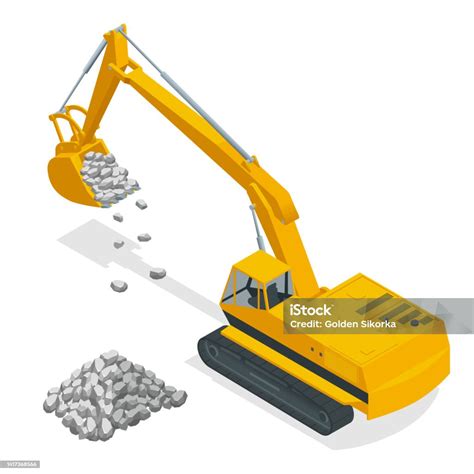 버킷 리프트가 있는 굴삭기가 파고 있습니다 아이소메트릭 옐로우 굴삭기 흙 파는 기계에 대한 스톡 벡터 아트 및 기타 이미지 흙 파는 기계 등측투영법 모래 Istock