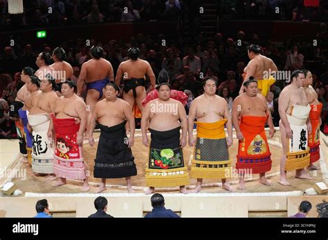Sumo Rikishi During The Opening Ceremony Ahead Of The Grand Sumo Tournament On The Dohyo The