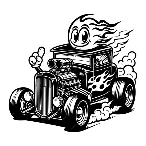 A Black And White Illustration Of A Cartoon Hot Rod With A Character