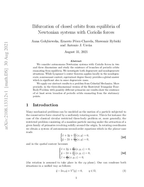 Pdf Bifurcation Of Closed Orbits From Equilibria Of Newtonian Systems With Coriolis Forces