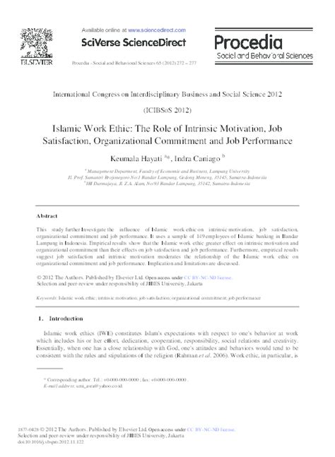 Pdf Islamic Work Ethic The Role Of Intrinsic Motivation Job