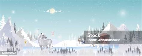 마을의 겨울 풍경 농장 필드 흰색 유니콘 크리스마스 밤 메리 크리스마스와 새해 배경에 대한 벡터 일러스트 배너와 함께 비행하고
