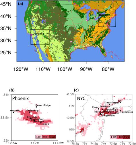 Wrf Domains And Land Use Map A All Three Domains B Urban Land Use