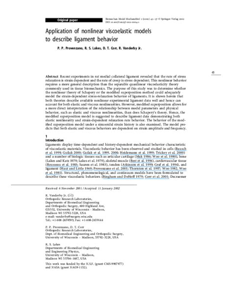 Pdf Application Of Nonlinear Viscoelastic Models To Describe Ligament