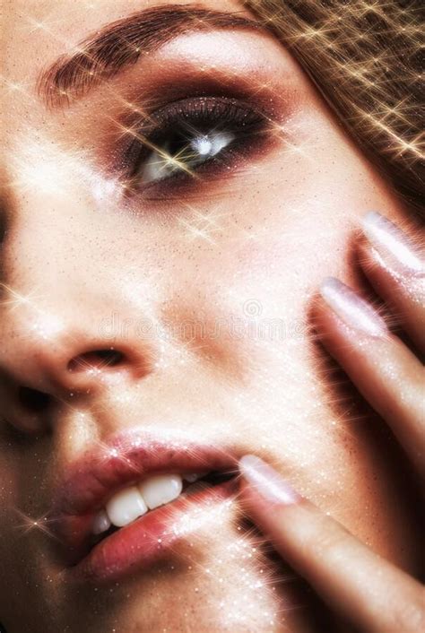 Portrait Of Beautiful Young Woman With Vogue Shining Sparkle Face