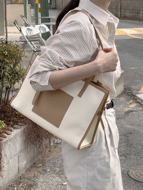 슈뽐 소 가죽 캔버스 빅 쇼퍼백 직장인 대학생 보부상 노트북 아이패드 수납 가방 위시버킷