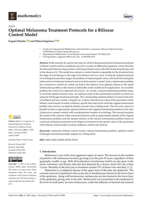 Pdf Optimal Melanoma Treatment Protocols For A Bilinear Control Model