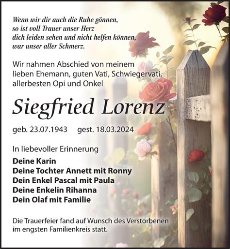 Traueranzeigen Von Siegfried Lorenz Trauer Anzeigen De