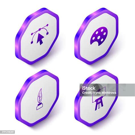 아이소 메트릭 베 지어 곡선 팔레트 깃털 및 잉크 병 및 목재 이젤 아이콘을 설정합니다 보라색 육각형 버튼 벡터 3차원 형태에 대한 스톡 벡터 아트 및 기타 이미지 Istock