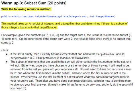 Solved Warm Up Subset Sum Points Write The Following Chegg