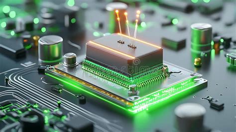 High Tech Microchip Glowing With Green Lights On Circuit Board Showcasing Advanced Technology
