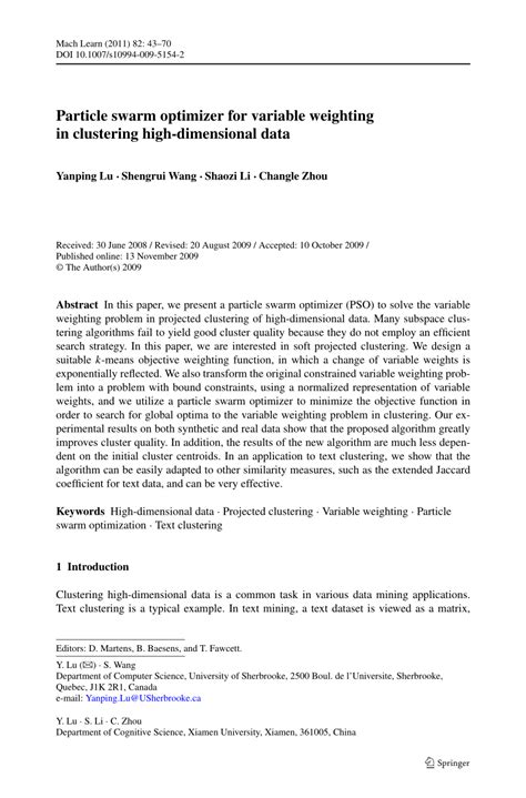 Pdf Particle Swarm Optimizer For Variable Weighting In Clustering High Dimensional Data