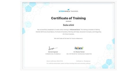 Subashini N On Linkedin Successfully Completed The Advanced Excel Training From Internshala