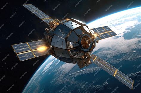 Premium Ai Image Futuristic Satellite With Solar Panels Extended Created With Generative Ai