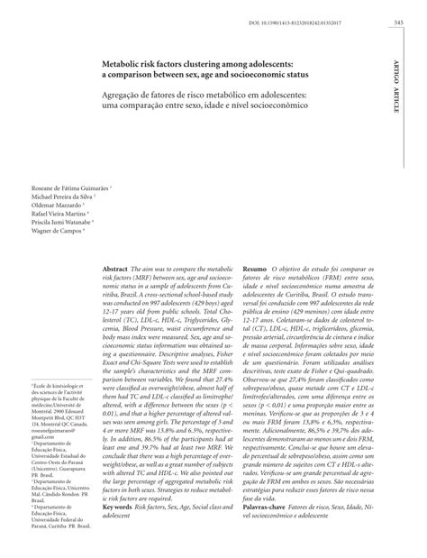 Pdf Metabolic Risk Factors Clustering Among Adolescents A Comparison
