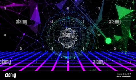3d Structure Turning In Sphere Purple And Green Shapes Floating With Blue Grid Moving Below