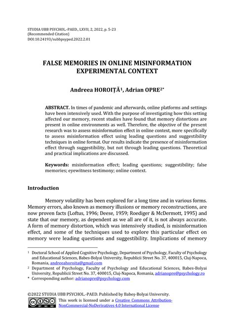 Pdf False Memories In Online Misinformation Experimental Context