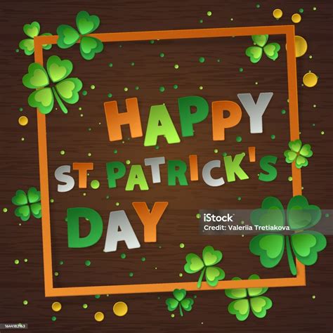 종이 프레임 먼지 색종이 녹색 네잎 클로버 글자가 있는 카드 해피 성 패트릭의 날 나무 배경에 벡터 그림입니다 배너 포스터 휴일 파티 요소 액자에 대한 스톡 벡터 아트 및