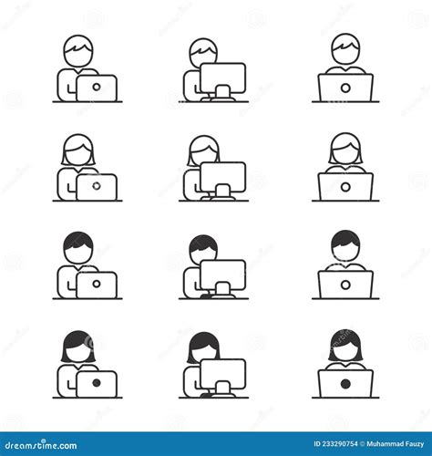 Man With Computer Icon Collection In Linear Style Stock Vector Illustration Of Businessman