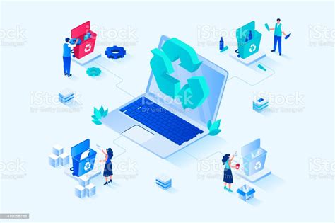 폐기물 관리 3d 아이소메트릭 웹 디자인 사람들은 쓰레기를 수거하여 플라스틱 종이 유리 유기 및 기타 폐기물을 쓰레기통으로