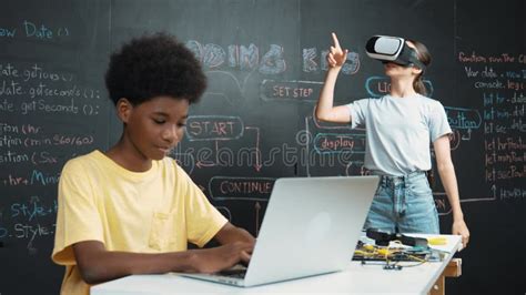 Student Programming And Coding System While Girl Enter In Metaverse Edification Stock Footage