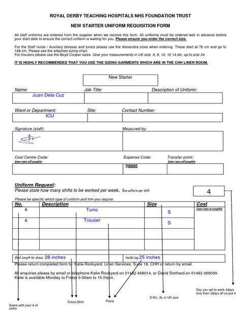 Sample Filled New Starter Uniform Requisition Pdf