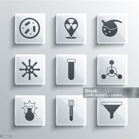 시험 관 및 플라스크 깔때기 또는 필터 분자 화학 폭발 박테리아 박테리아및 아이콘이있는 페트리 접시를 설정합니다 벡터 건강 검진에 대한 스톡 벡터 아트 및 기타 이미지