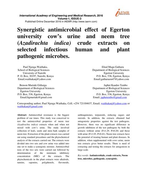 Pdf Synergistic Antimicrobial Effect Of Egerton University Cows Urine And Neem Tree
