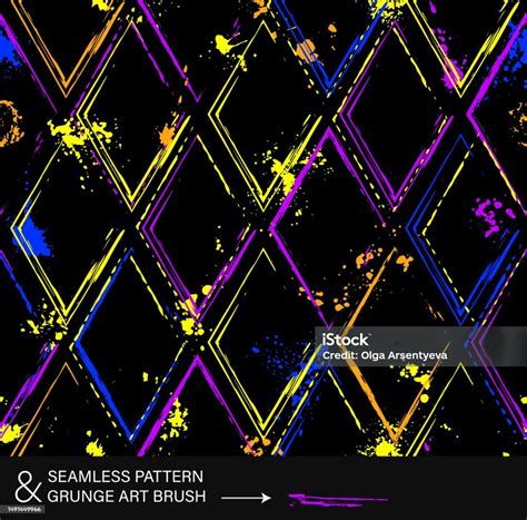 마름모 기하학적 격자 페인트 브러시 스트로크 네온 밝은 색상의 산산조각난 페인트가 있는 패턴 가상 추상 배경 스포츠 용품 지문