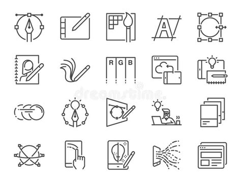 Digital Design Line Icon Set Included Icons As Graphic Designer Layout Tablet Mobile App