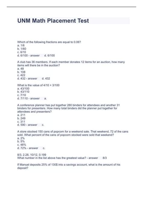 Unm Math Placement Test Questions And Answers Scored A Math Placement Stuvia Us