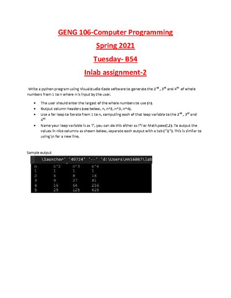 In Lab Assignment 2 Geng 106 Lecture Notes Tutorial Work Coursework