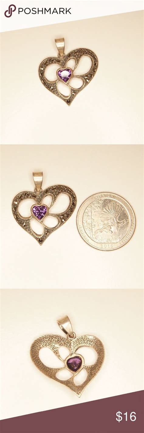 Sterling Silver Asymmetrical Heart Pendant With Purple Glass Stone