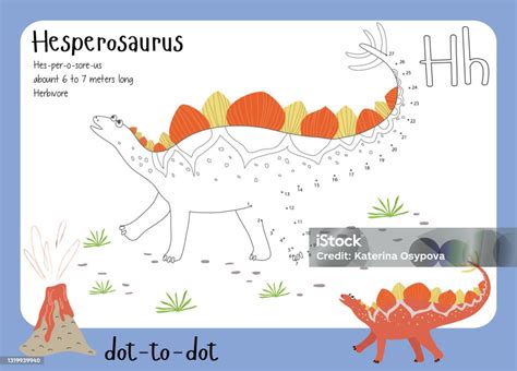 공룡 이름 사실 및 알파벳 문자가있는 점 워크 시트에 의해 점 아이들의 수수께끼 아이들을위한 색칠 페이지 활동 예술 게임 벡터 그림입니다 세트 카드 Az 공룡 H