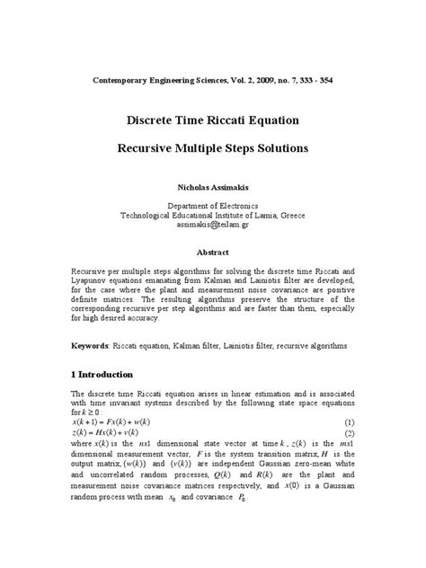 Discrete Time Riccati Equation Pdf Kalman Filter Linear Algebra