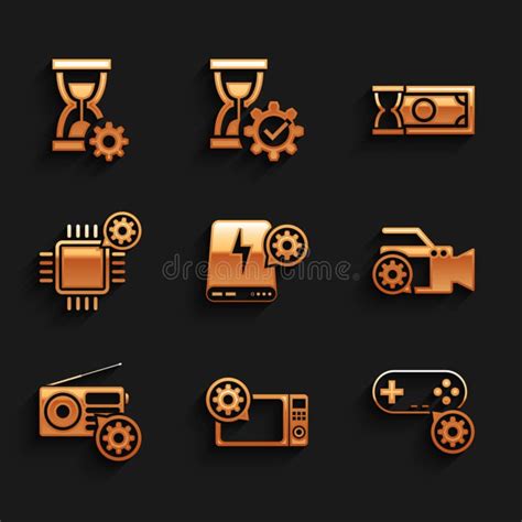 Set Power Bank Setting Microwave Oven Gamepad Video Camera Radio And Processor Icon Vector