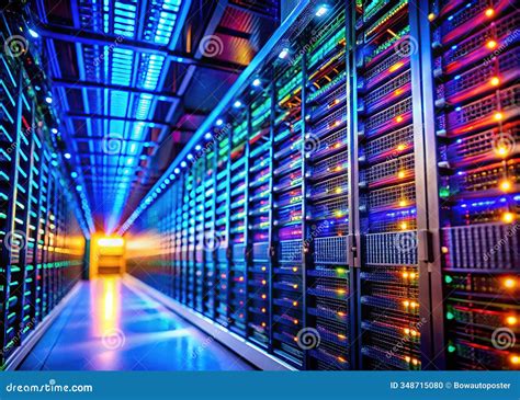 Aienhanced Tiltshift View Of A Modern Data Center Detailed Server Rack Infrastructure And