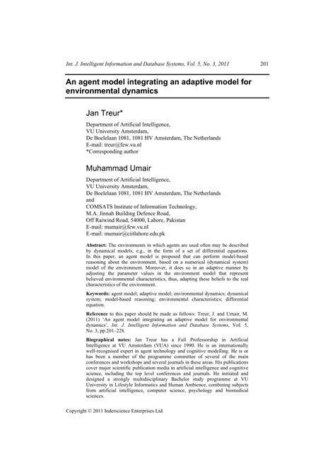 Pdf An Agent Model Integrating An Adaptive Model For Environmental Dynamics