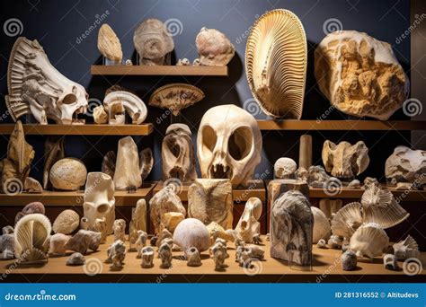Collection Of Fossils Biological Specimens Shell Bones On White